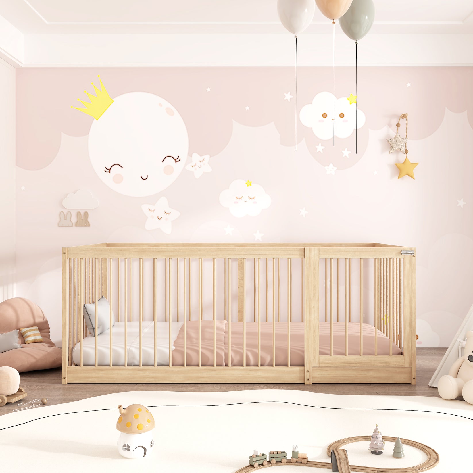 Montessori Twin Floor Bed for Kids - EXTENDED RAILING & REMOVABLE GATE ...